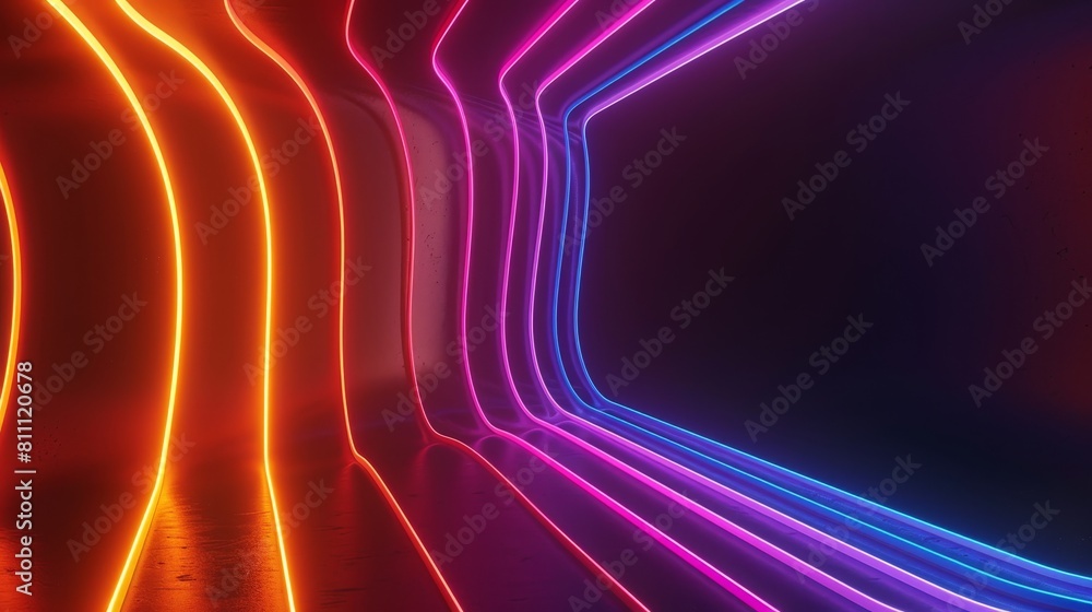 Futuristic display of curving neon lights in vivid pink, blue, and ...