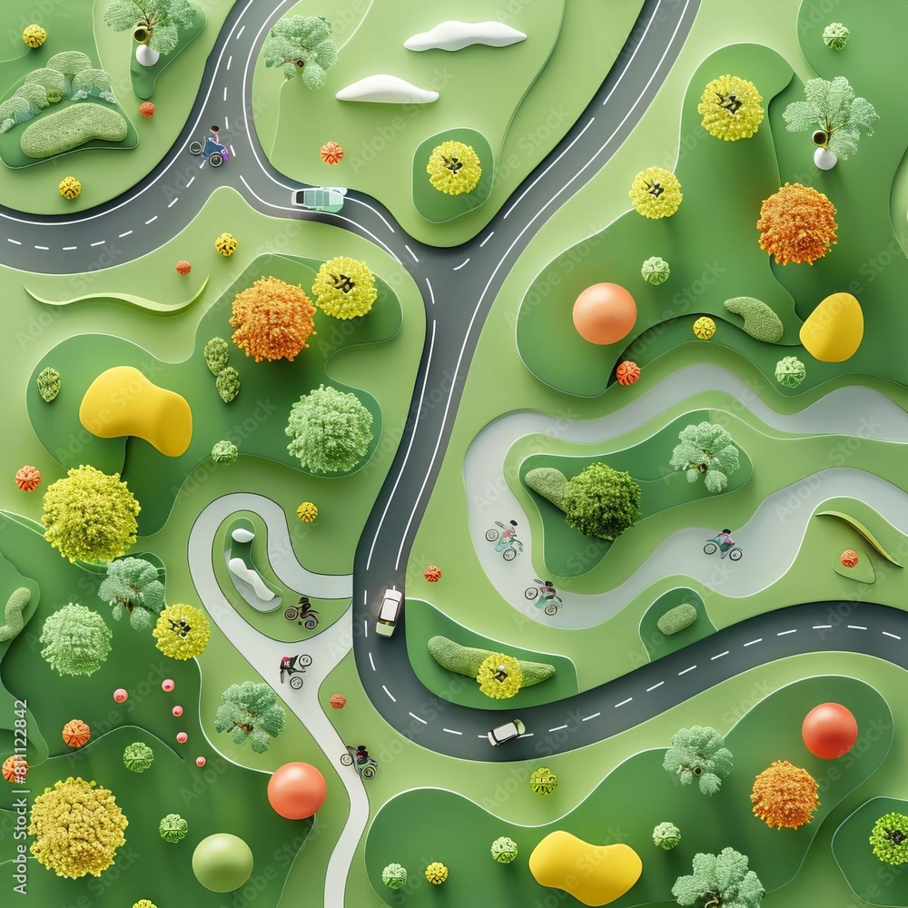 Easy cycling routes flat design top view beginner trails theme 3D ...