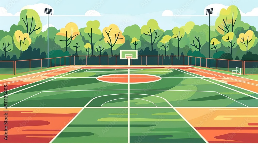 Geometric sports courts flat design front view athletic fields theme ...