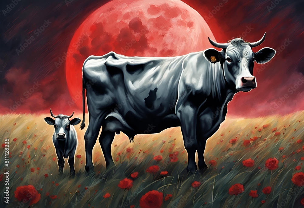"Step into the realm of dark mystery with a surreal scene of a cow ...