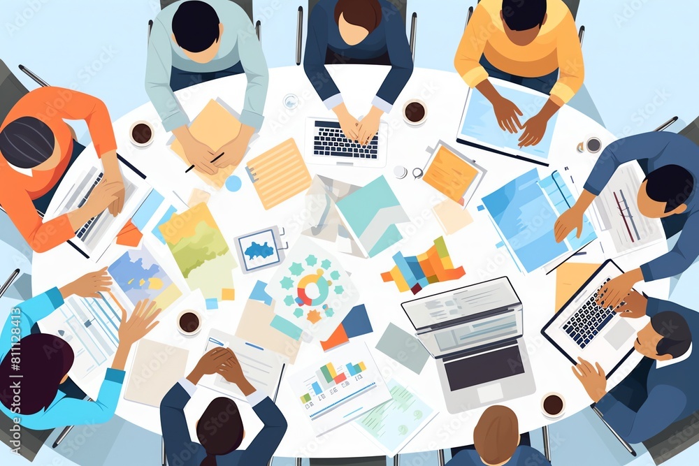 Team collaboration focus flat design top view project management theme ...