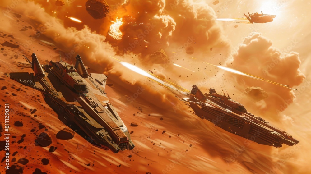 A breathtaking scene of a space dogfight with ships weaving through ...