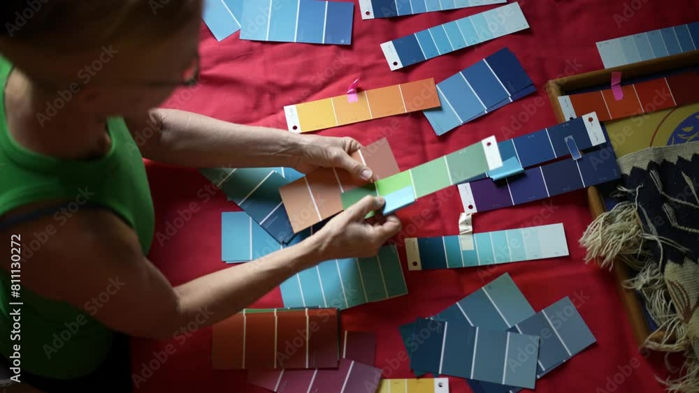 Woman choosing paint colors and comparing swatches spread out on a bed ...