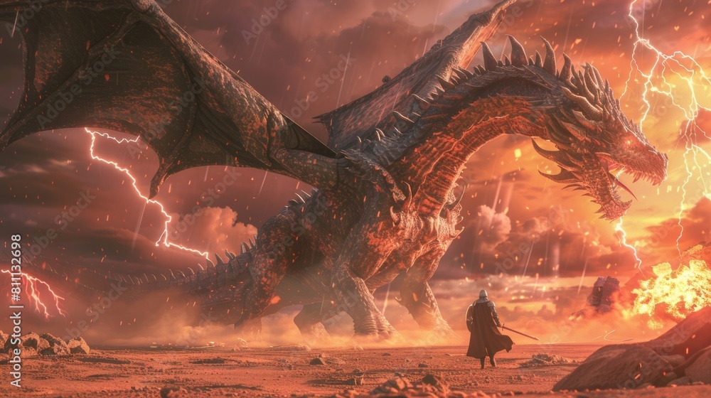 3D epic scene of a knight of gods facing a 3-headed dragon elemental ...