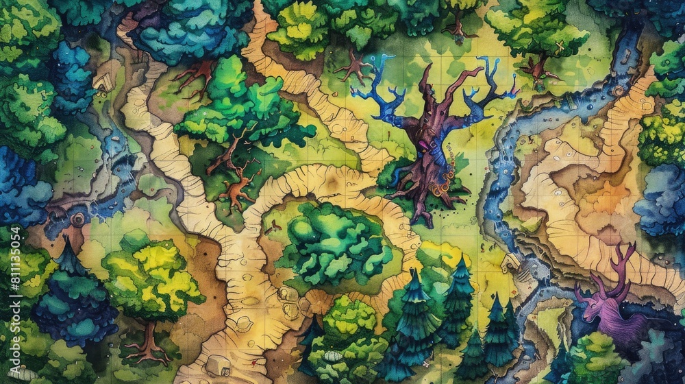 Enchanted forest map in watercolor, detailing paths that wind through ...