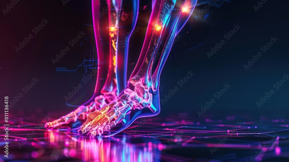 A detailed 3D medical illustration of a human leg and foot in Xray ...