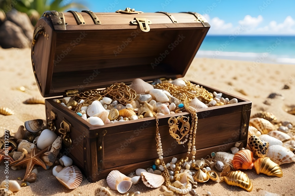 Treasure chest on the sand with sea shells and stones, closeup, An open ...