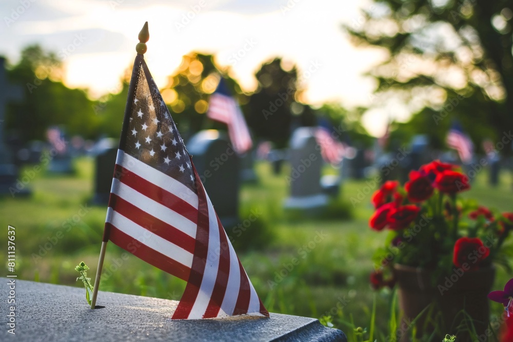 Memorial Day American flags and military grave marker at military ...