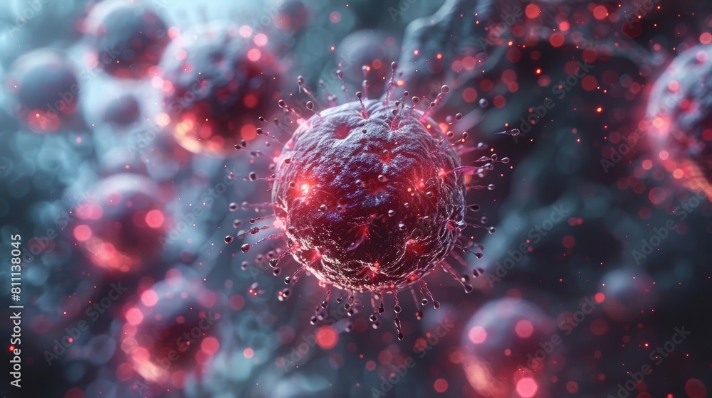 This is an image of a virus. The virus is red and has a spiky outer ...