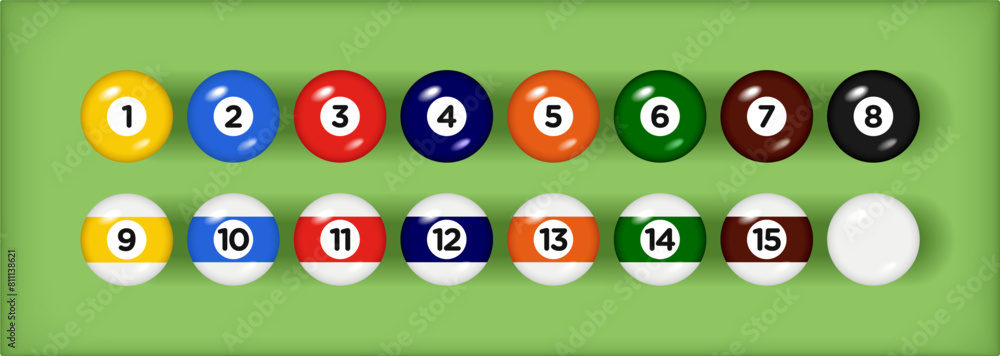 Billiard, pool balls with numbers collection. 3d objects Realistic ...