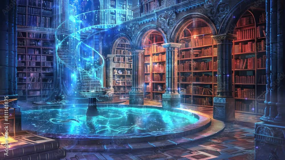 Magical Library with water pool. Fantasy Office. Fantasy and fairy tale ...