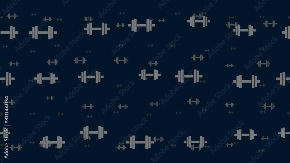 Dumbbell symbols float horizontally from left to right. Parallax fly effect. Floating symbols ...