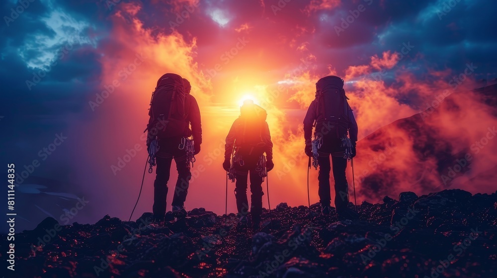 Climbers scaling icy section of mount everest at sunrise with ropes and ...