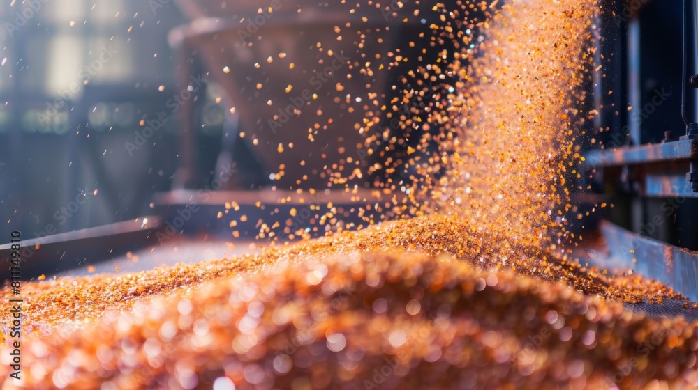 Potash fertilizer being poured from a conveyor, forming a growing pile ...
