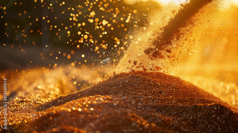 Potash fertilizer being poured from a conveyor, forming a growing pile ...