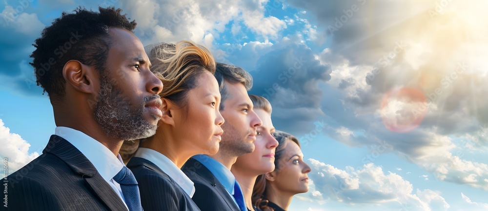 Professional leaders from diverse backgrounds gaze thoughtfully into ...