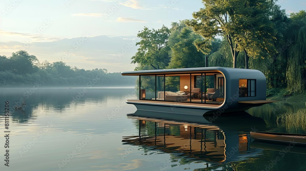 ภาพประกอบสต็อก Icon with a houseboat equipped as a floating office ...