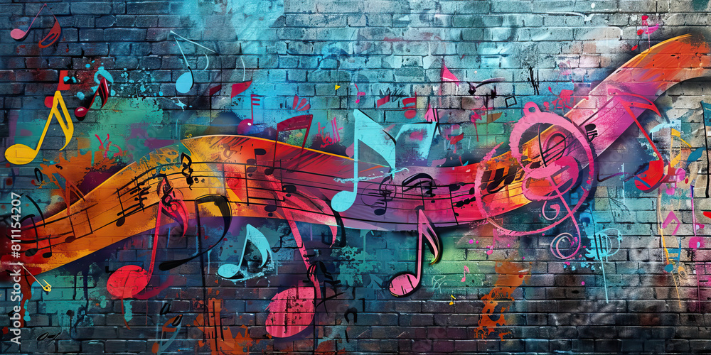 Urban Beats: Graffiti Wall with Spray-Painted Music Notes Creating an ...