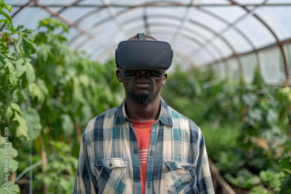 Farmer wears VR or AR glasses in green greenhouse. Modern agricultural ...