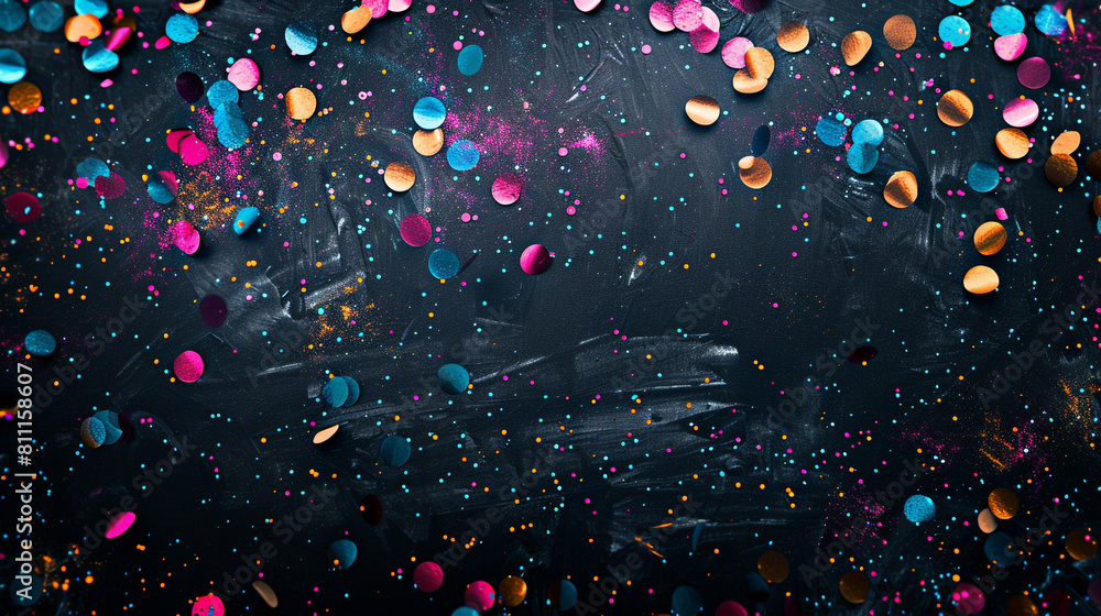 Multi-colored confetti specks on a moody charcoal background, creating a dramatic festive effect ...
