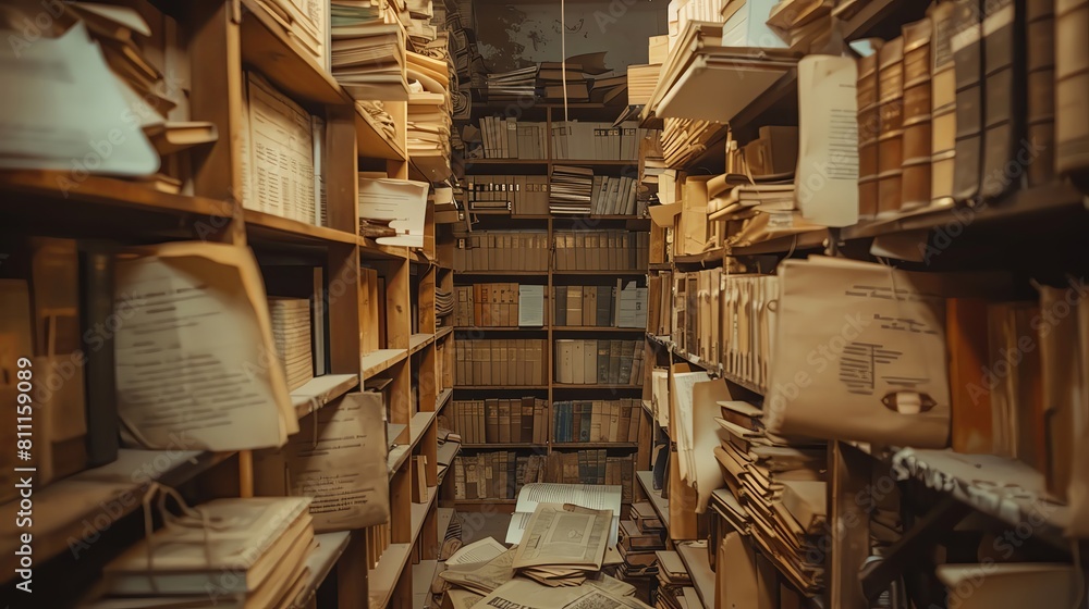 The storage room is filled with old books, documents and various ...
