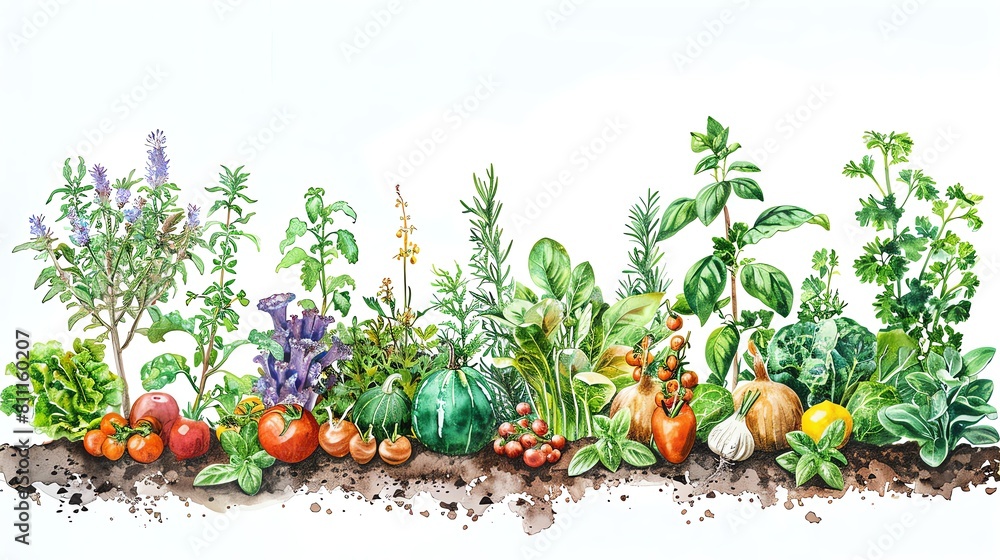 watercolor vegetable garden with various herbs and vegetables, white ...