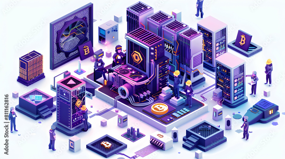 Crypto Miners at Work: 3D Cute Icon Concept Operating Mining Rigs in ...