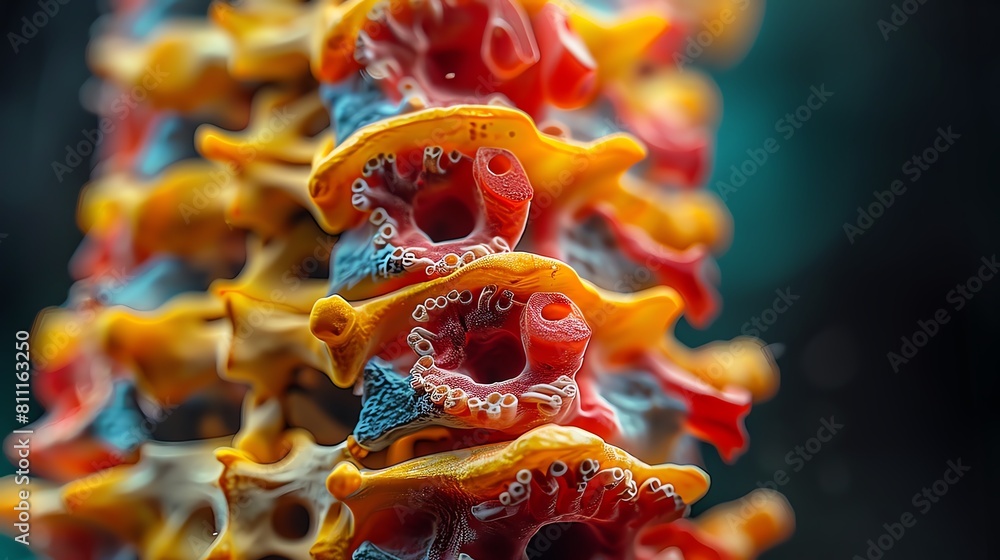 Closeup of a 3D model of the spine showing a herniated nucleus pulposus ...