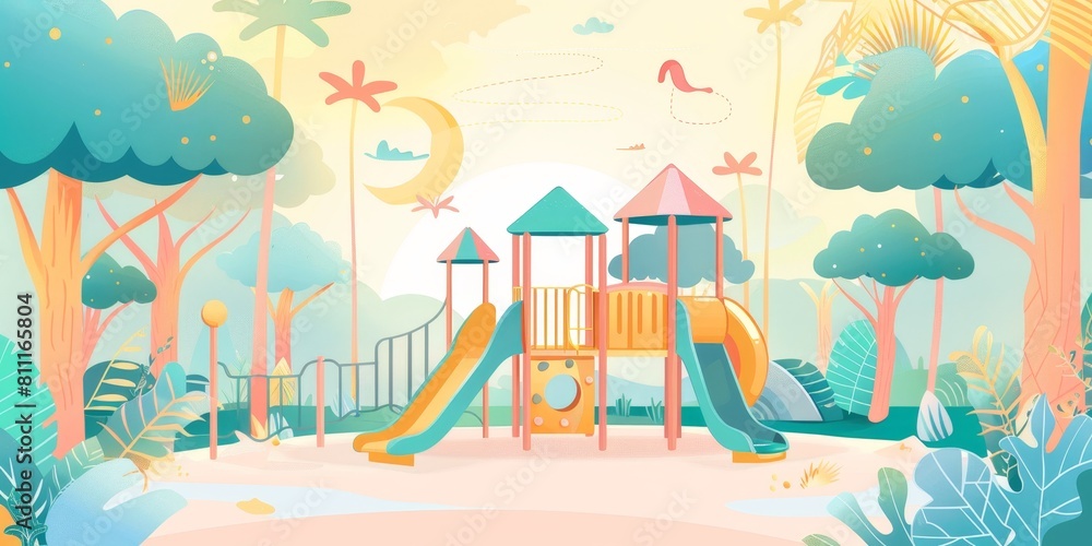 A colorful cartoon drawing of a playground with a slide and a swing set ...