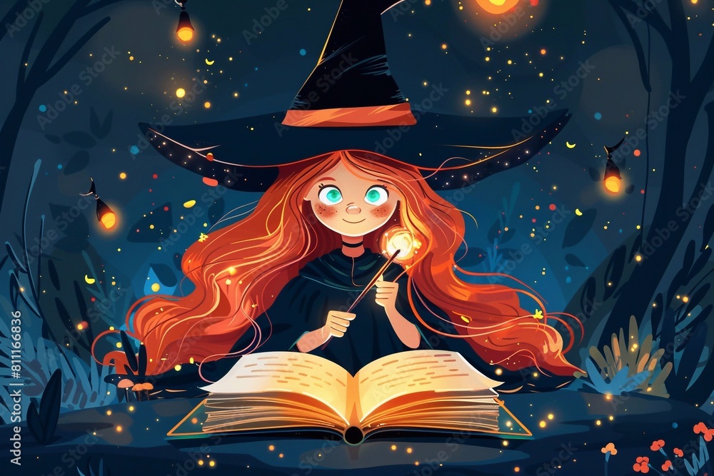 Beautiful and cute cartoon red haired witch girl conjuring with a magic ...