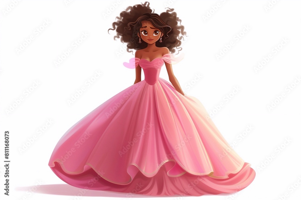Cute and pretty cartoon princess standing and wearing pink ball dress ...