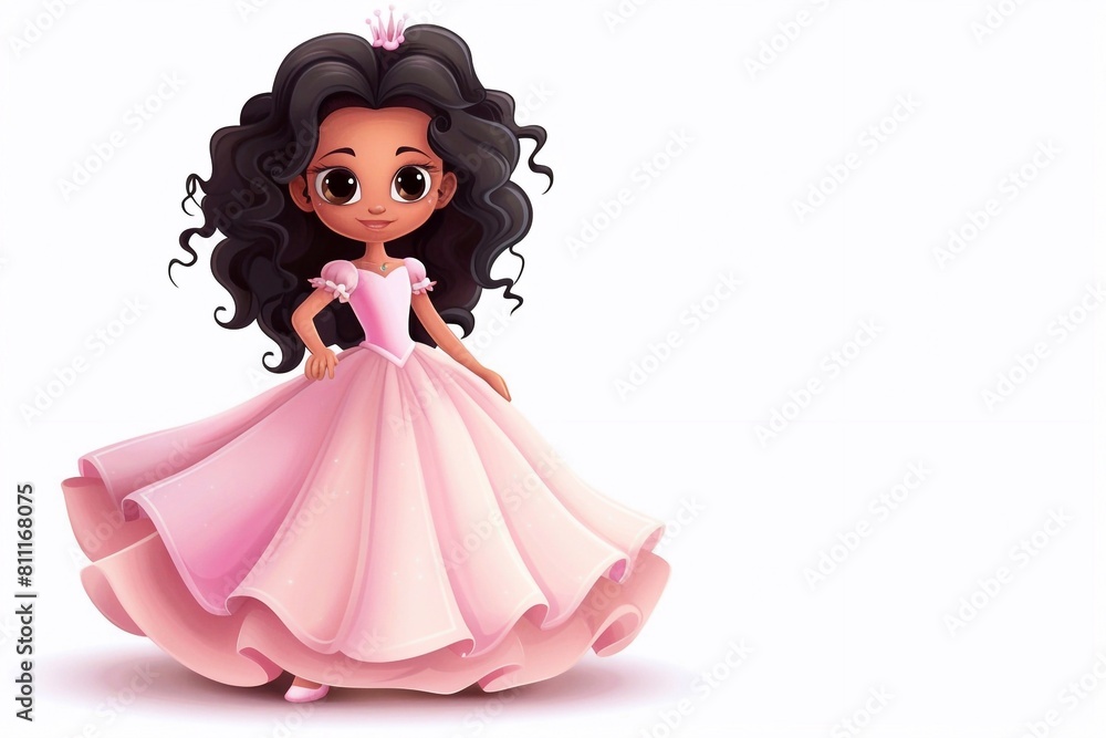Cute and pretty cartoon princess standing and wearing pink ball dress ...