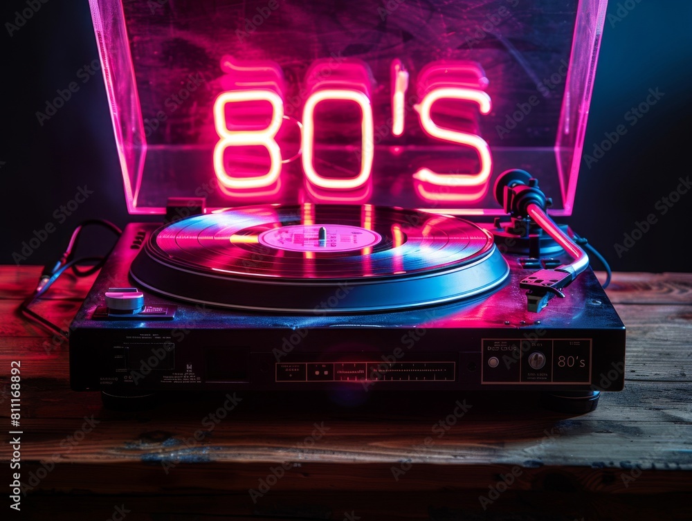 Vintage turntable illuminated by bright neon lights spelling out 80s ...