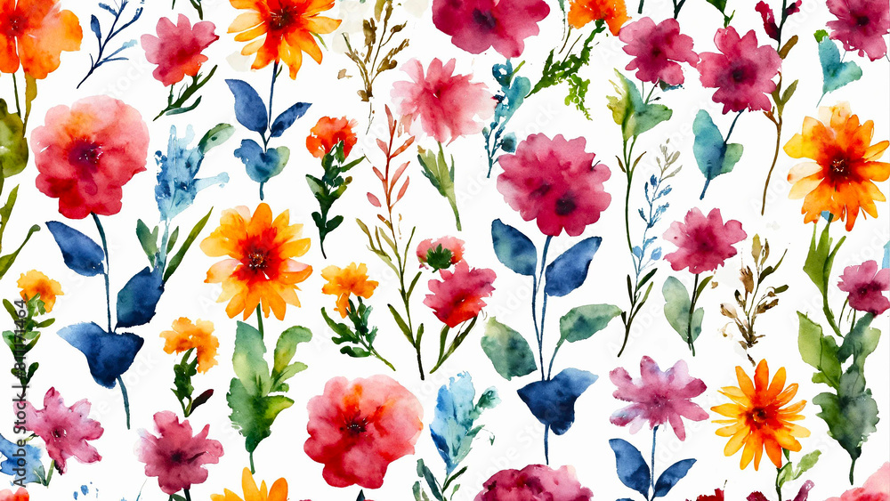 Watercolor flowers seamless repeat pattern 16:9 with copyspace Stock ...
