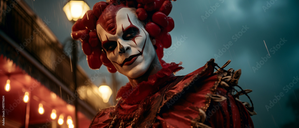 Sinister person in a jester costume. In the style of a panoramic horror ...