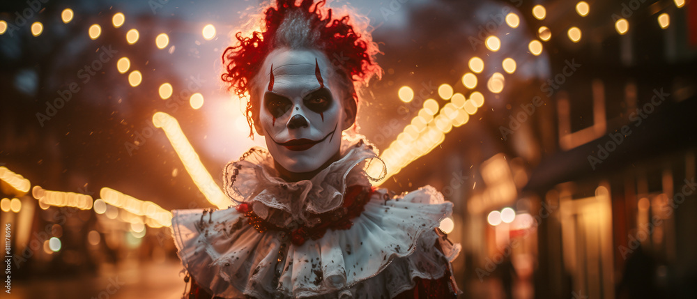 Sinister person in a jester costume. In the style of a panoramic horror ...