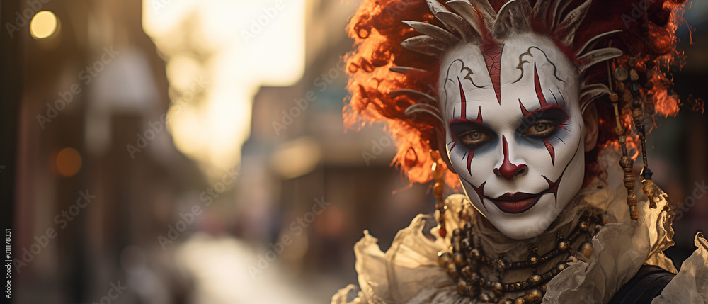 Sinister person in a jester costume. In the style of a panoramic horror ...