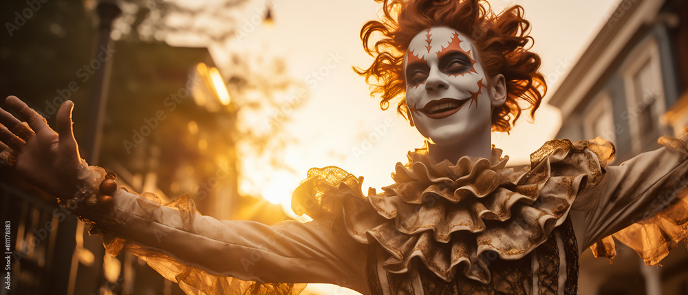 Sinister person in a jester costume. In the style of a panoramic horror ...