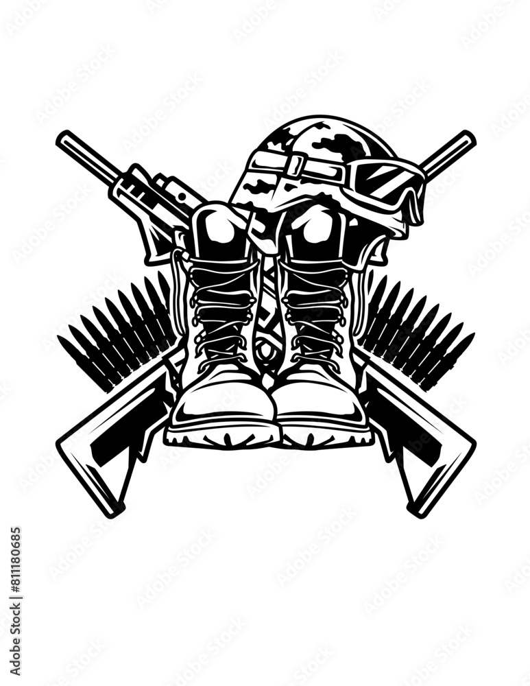 Vetor de Boots Guns and Ammo Illustration, Combat Boots Vector, Ammo ...