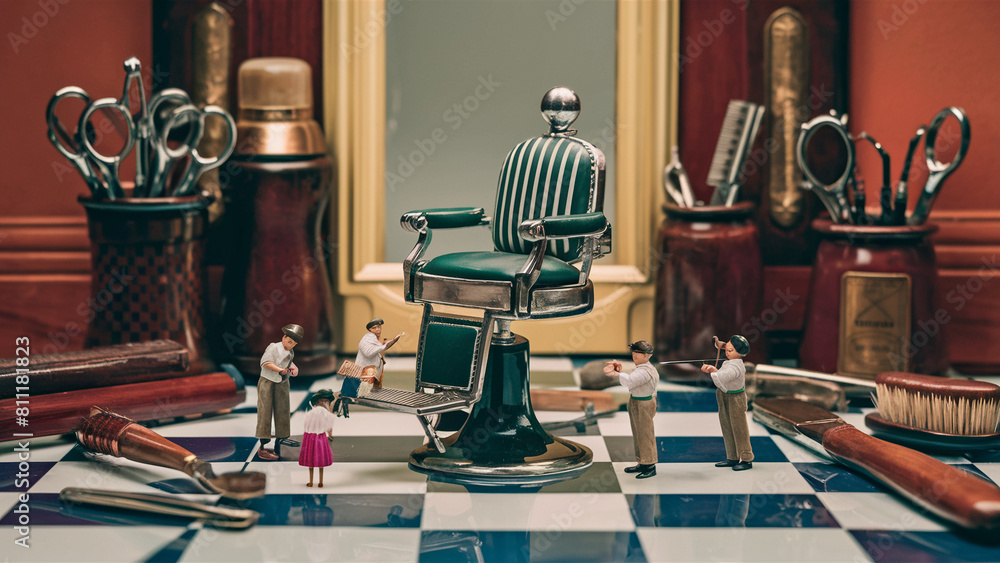 The image features miniature figurines of barbers and clients engaged ...