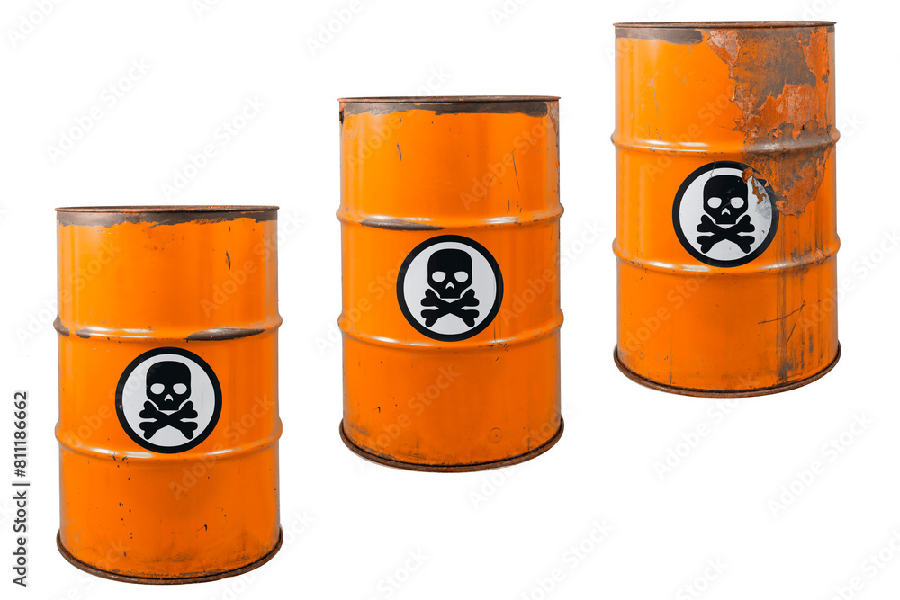 Barrel with toxic waste. Biohazard warning sign human skull with two ...