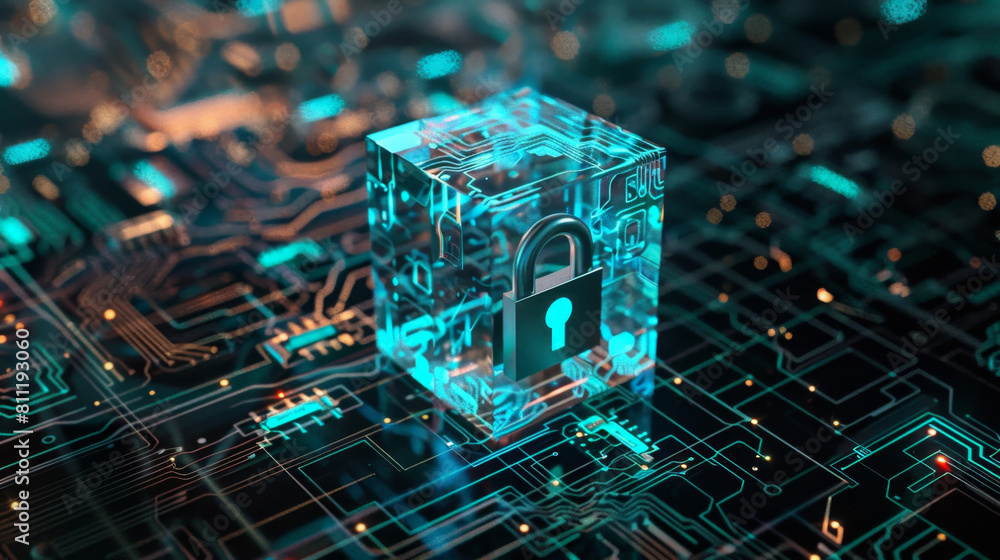 lock icon in a transparent cube on a circuit board background, cyber ...