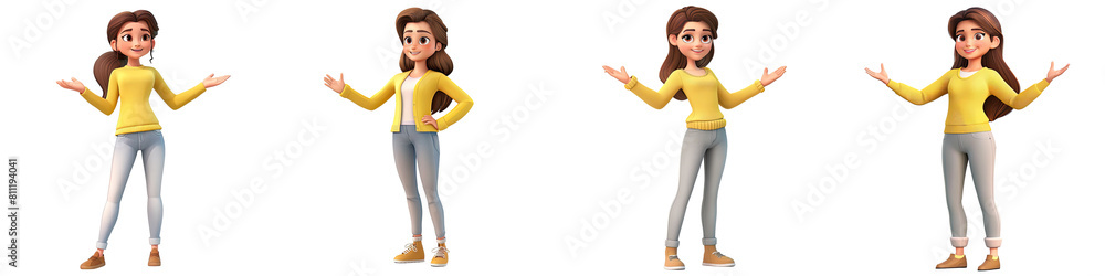 Young woman character in different angles view. Portrait of girl ...