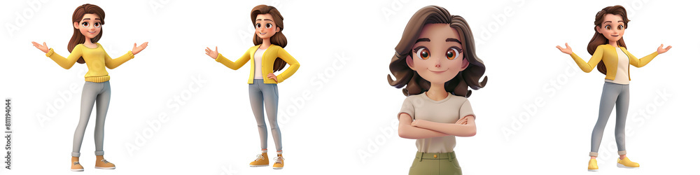 Young woman character in different angles view. Portrait of girl ...