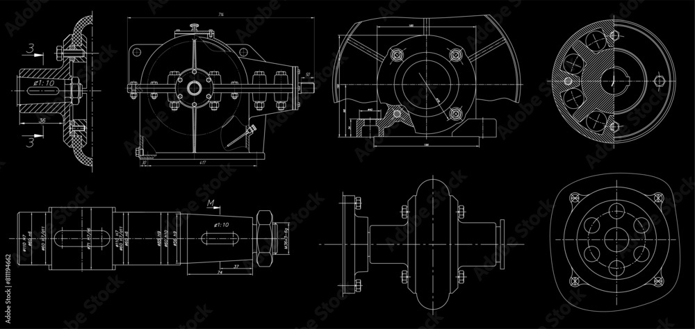Vector engineering drawing of steel mechanical parts with through holes ...