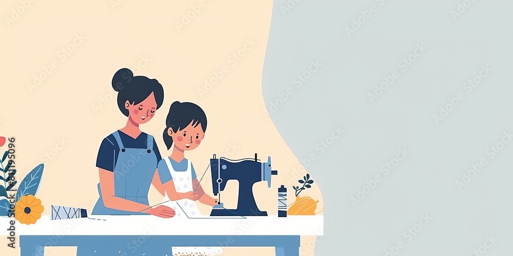 A woman and a child are sewing together. The woman is teaching the ...