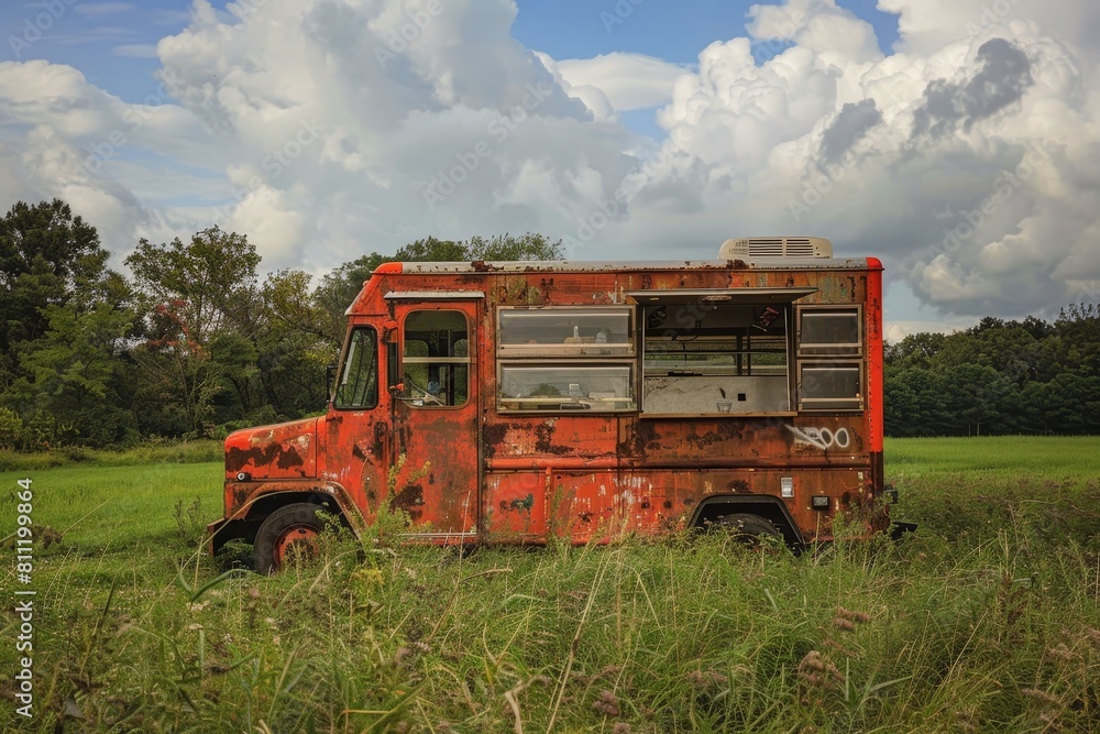 Abandoned Rusty Food Truck in Field, A food truck with a rustic ...