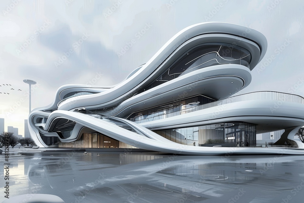 Fotka „A modern college building with a unique curved roof design ...