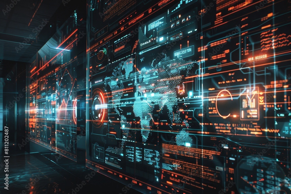 Large interactive display featuring a detailed world map in a ...