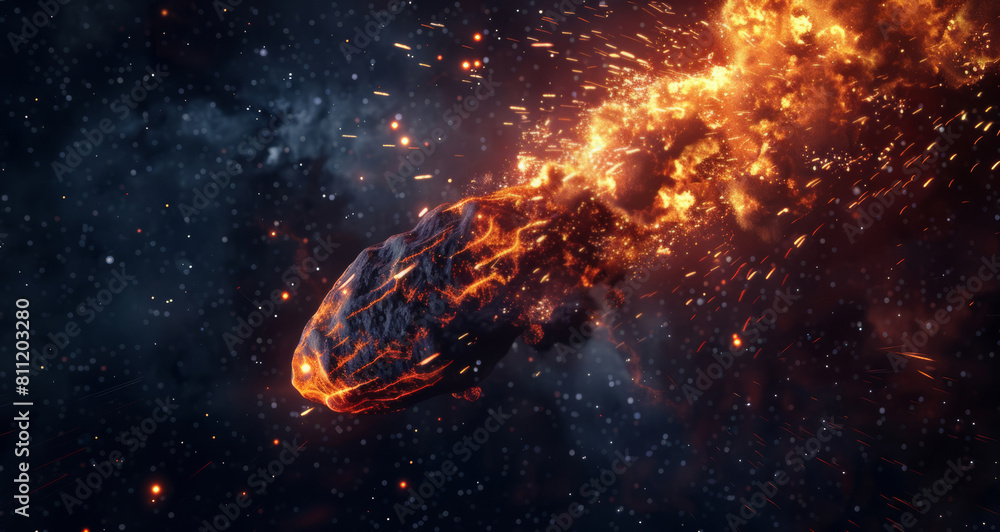 Asteroid, space and fire trail in cosmos or solar system, graphic of ...